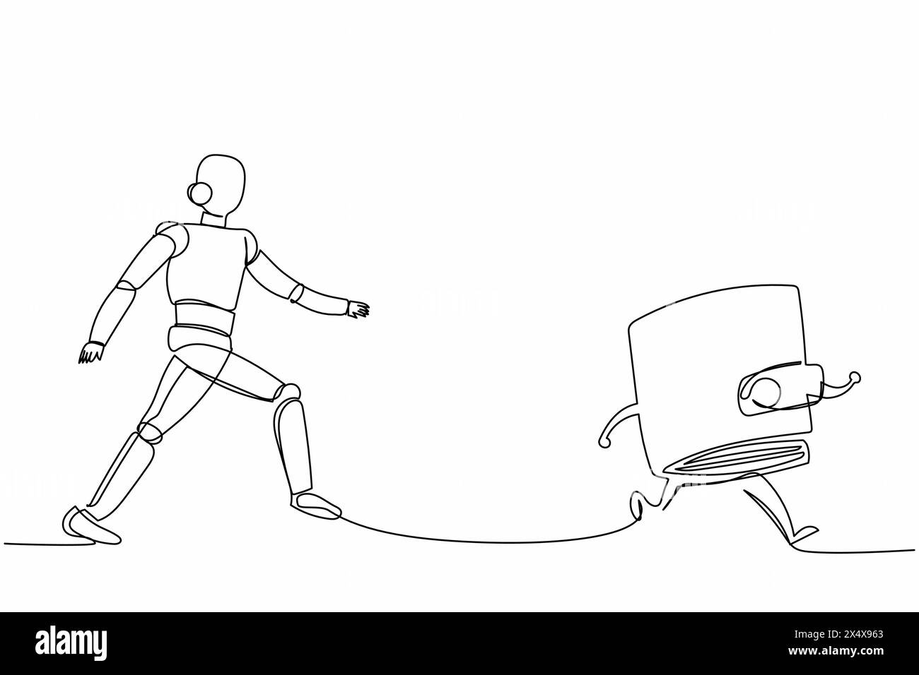 Single continuous line drawing robot run chasing wallet. Digital e ...