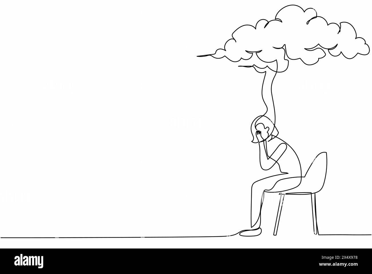 Single continuous line drawing sad businesswoman sitting on chair under ...