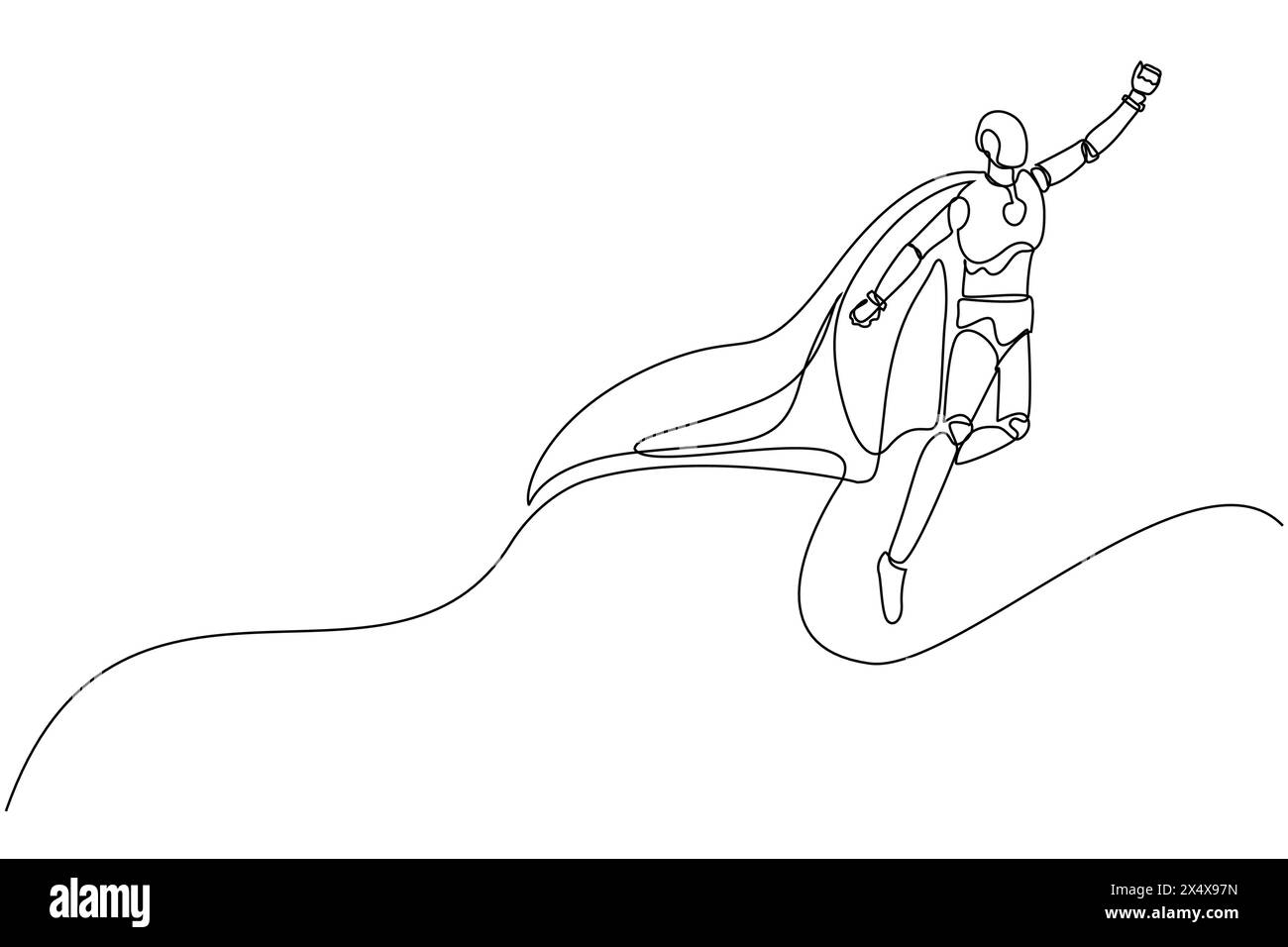 Single one line drawing robot superhero flies up to the sky. Future ...