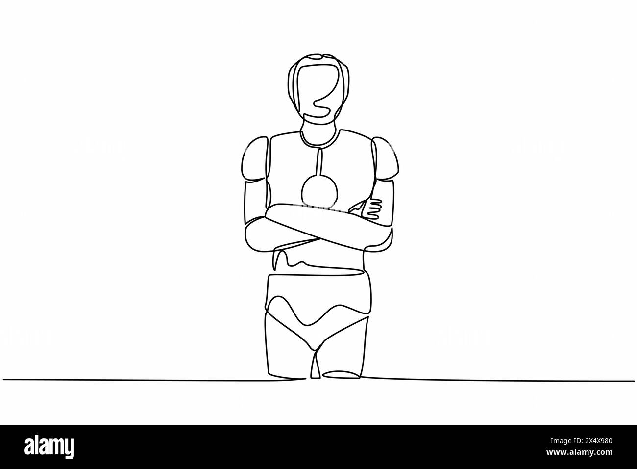 Single one line drawing robot standing with folded arms pose. Future ...