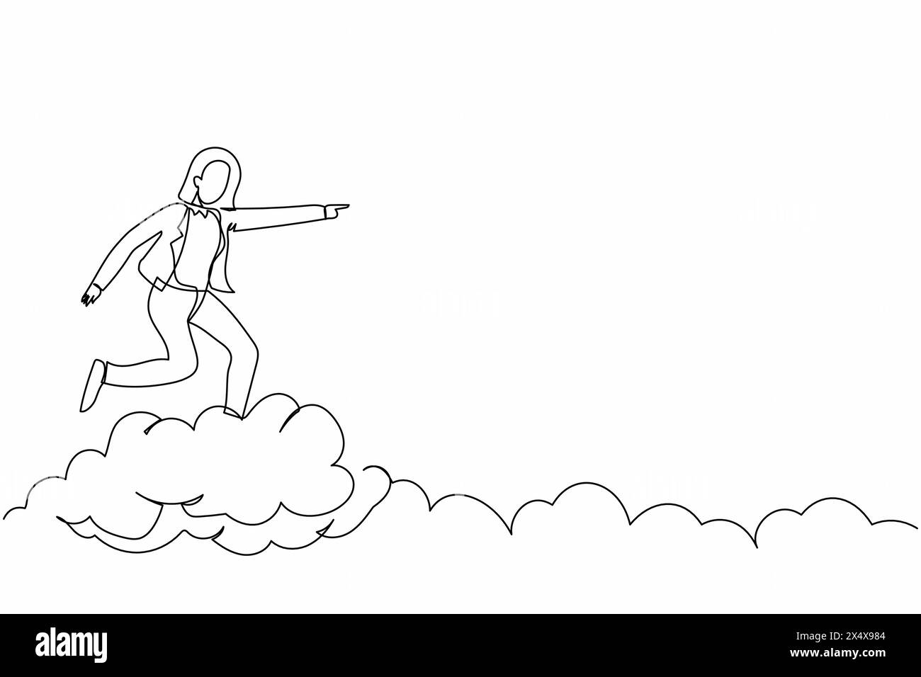 Single continuous line drawing successful businesswoman ride cloud ...