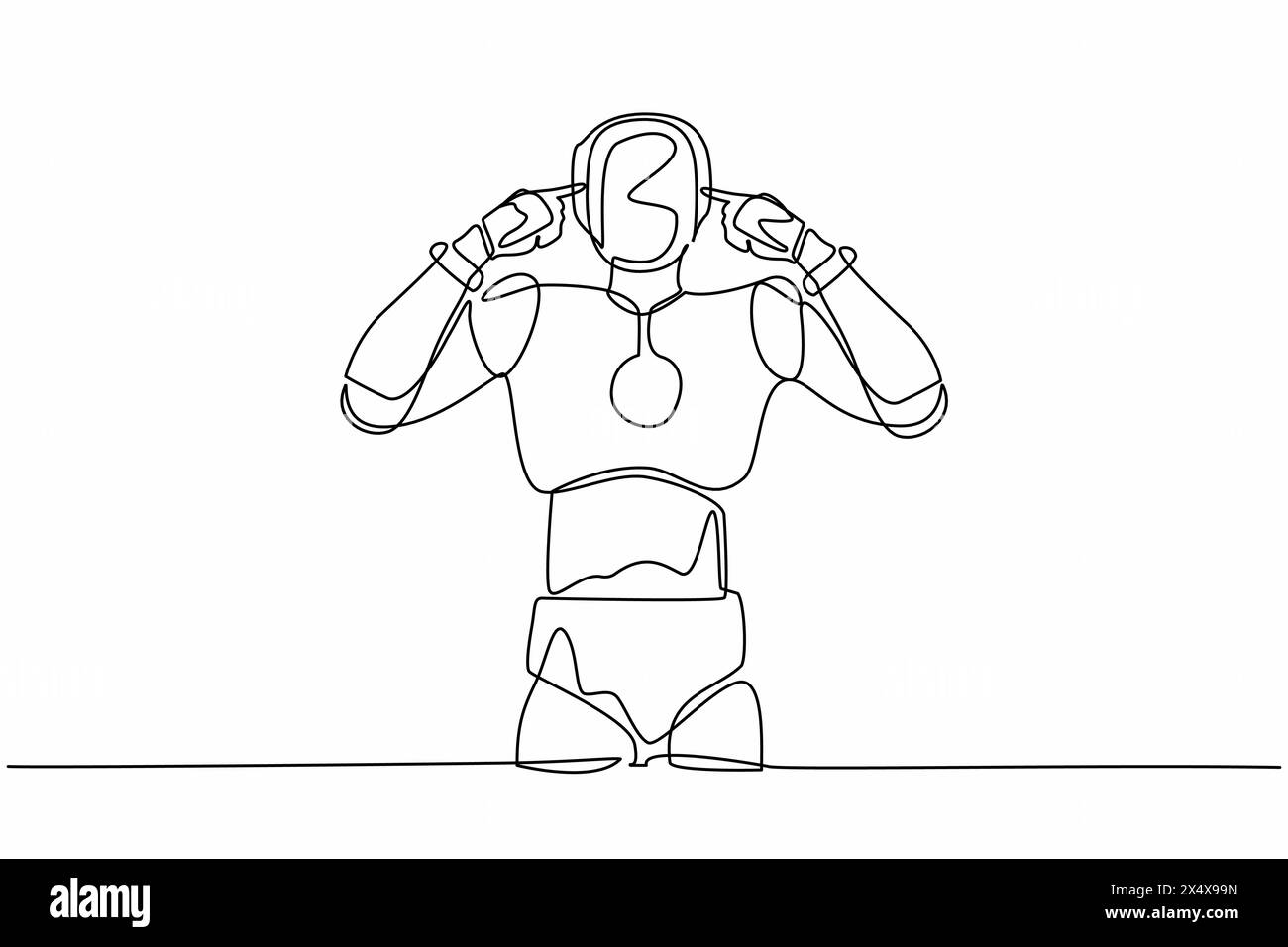 Continuous one line drawing robot standing with covering ears with fingers and annoyed ...