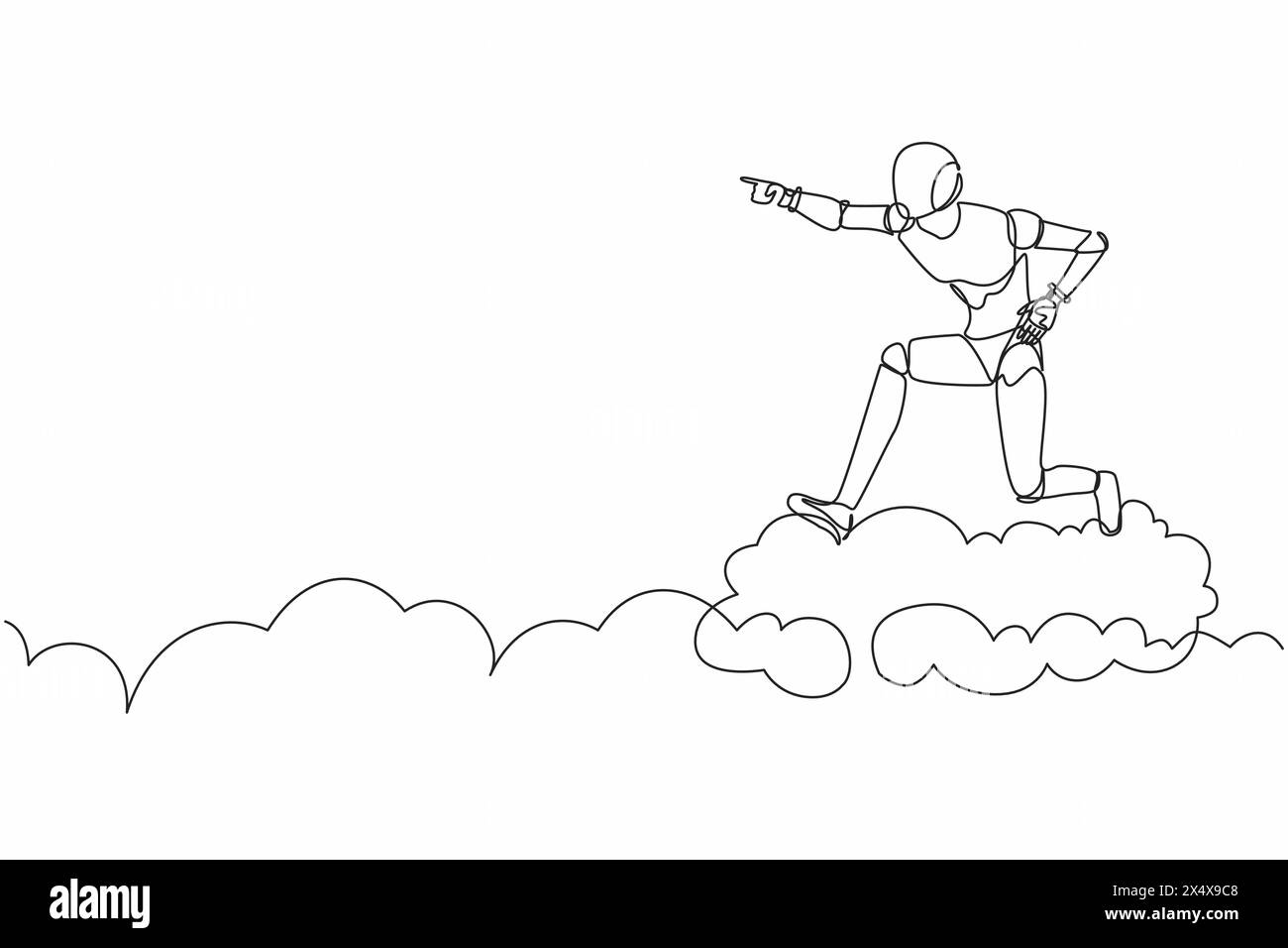 Continuous One Line Drawing Robot Ride Cloud Pointing Forward Go To