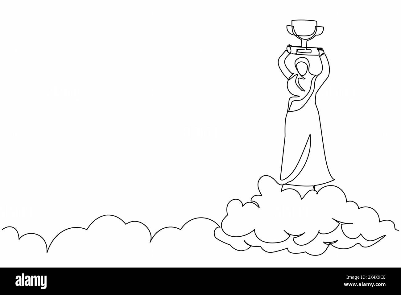 Single one line drawing Arabian businesswoman holding trophy in cloud ...