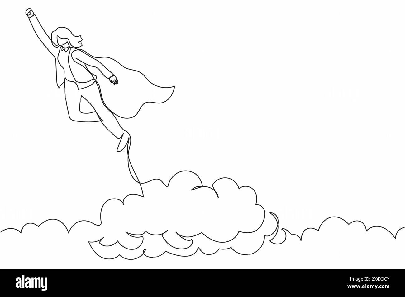 Single continuous line drawing strong businesswoman superhero flying up ...
