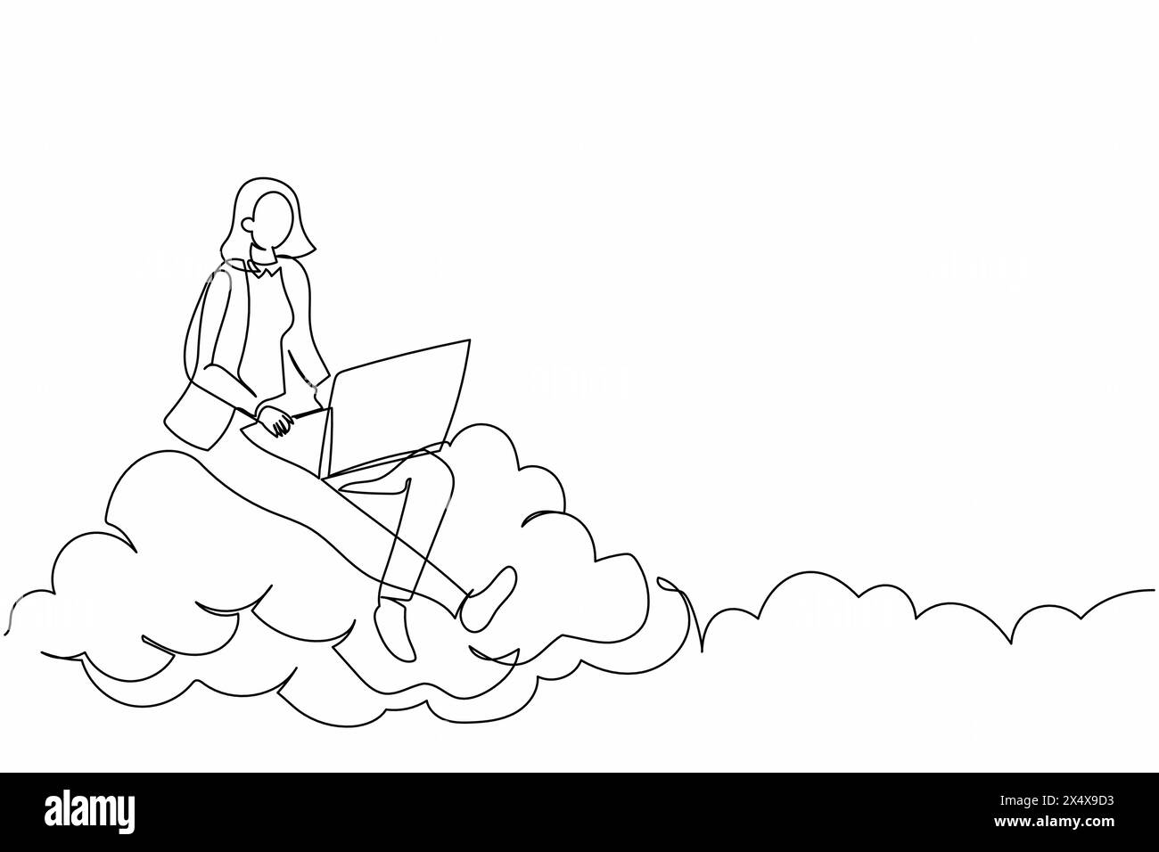 Single continuous line drawing businesswoman sitting on cloud in sky ...