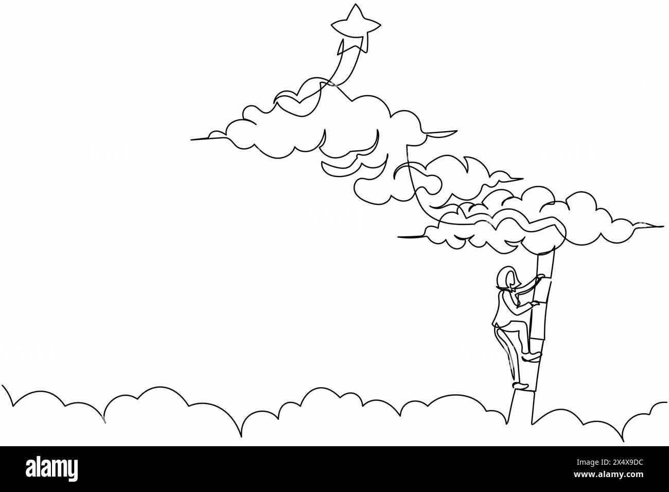 Single one line drawing active businesswoman climbing ladder to reach ...
