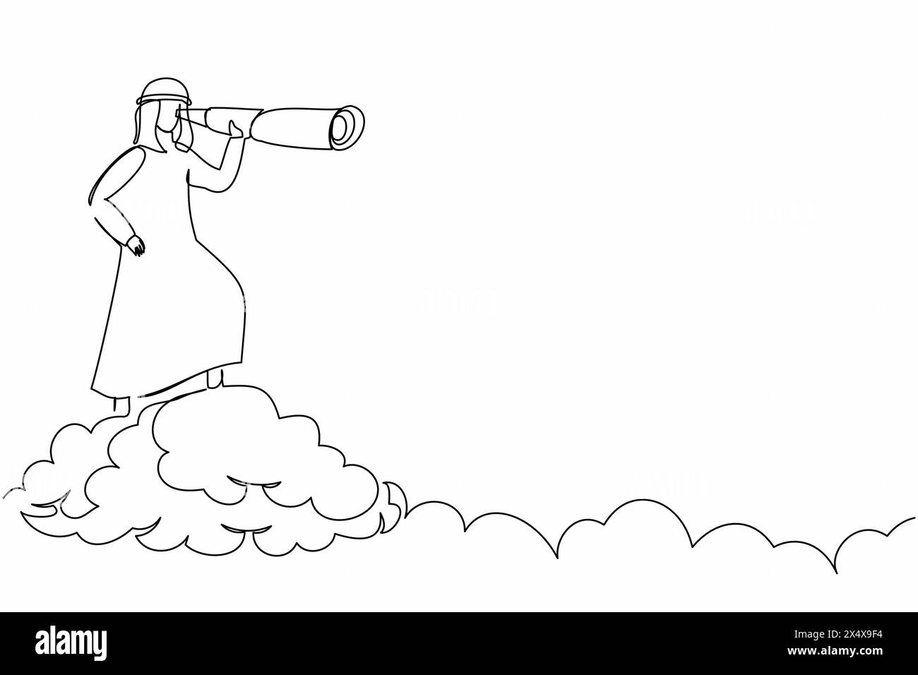 Single continuous line drawing Arab businessman on cloud holding ...