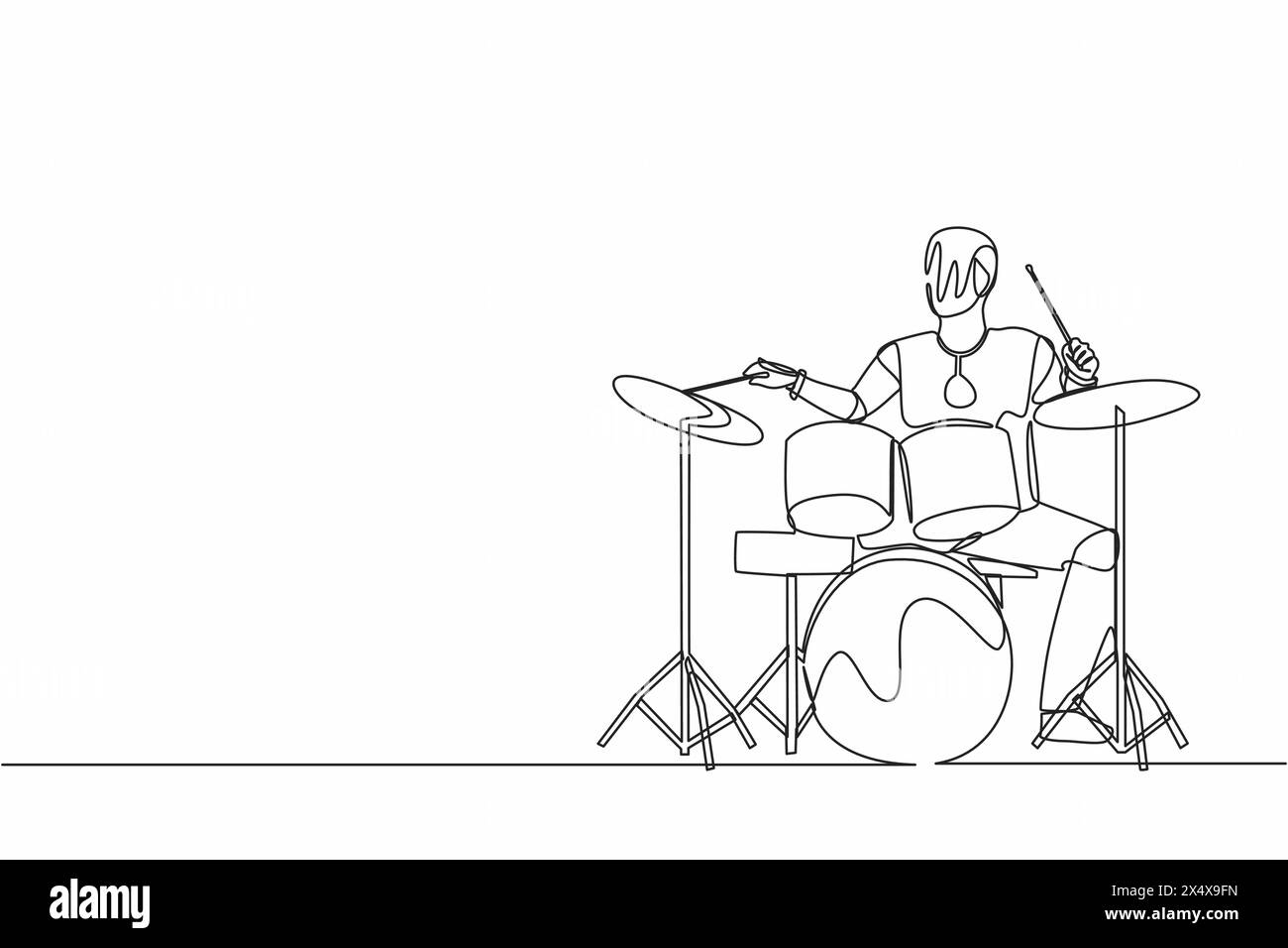 Single one line drawing robot playing drum instrument at music pop ...