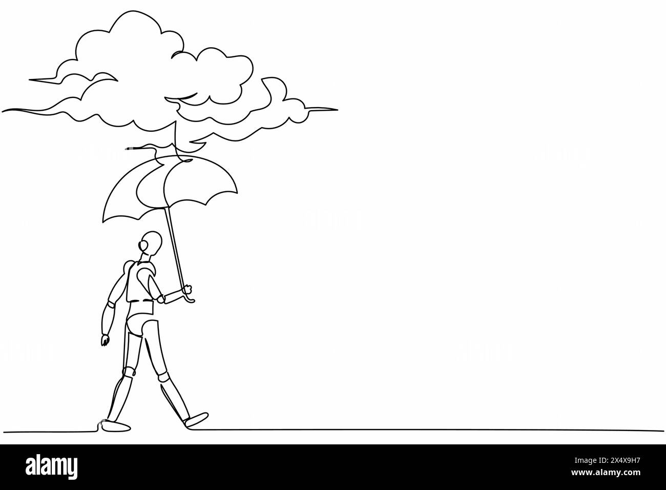 Continuous one line drawing robot walking with umbrella under rain ...