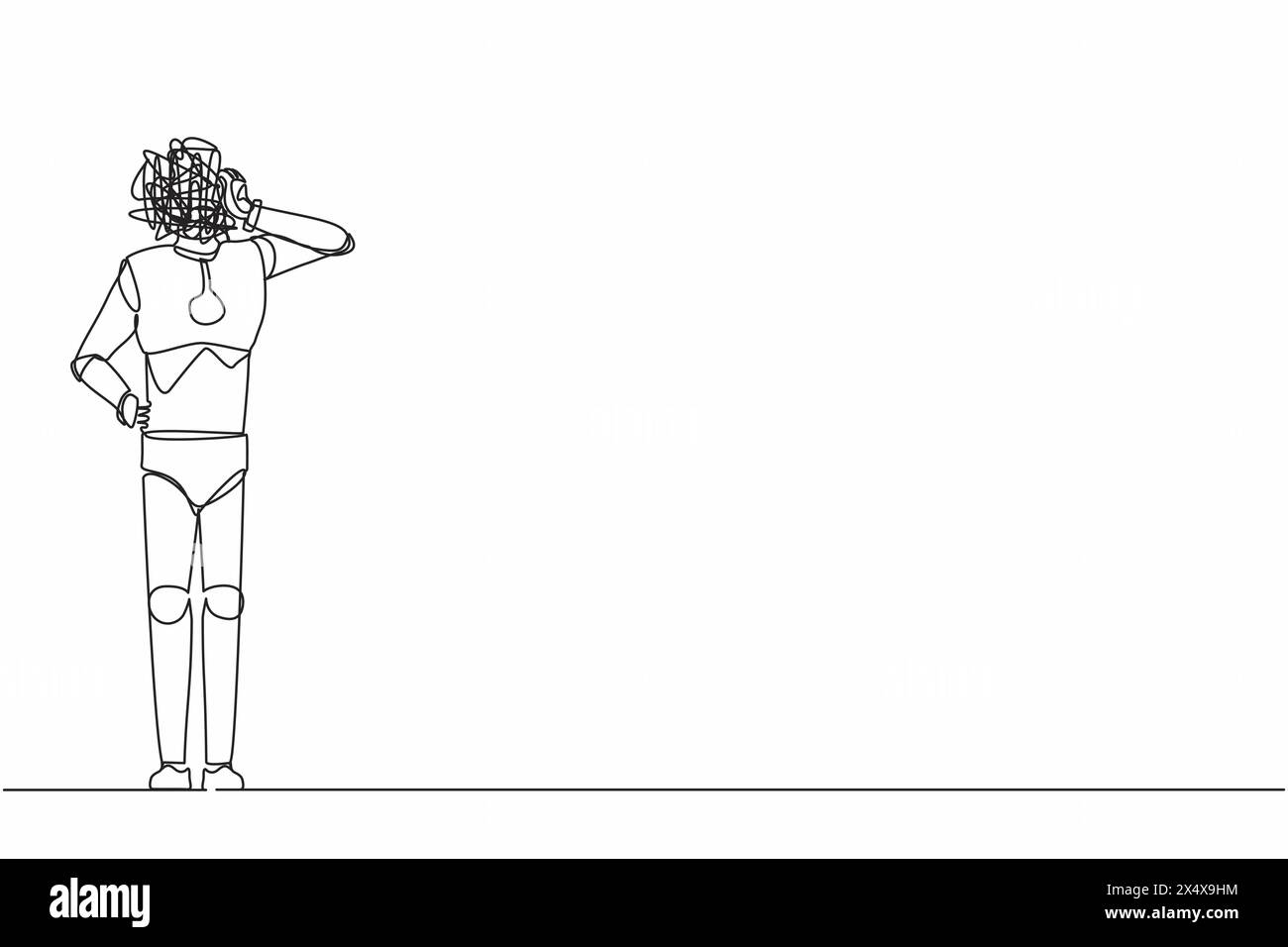 Single continuous line drawing robot with round scribbles instead of head. Doubting robot ...