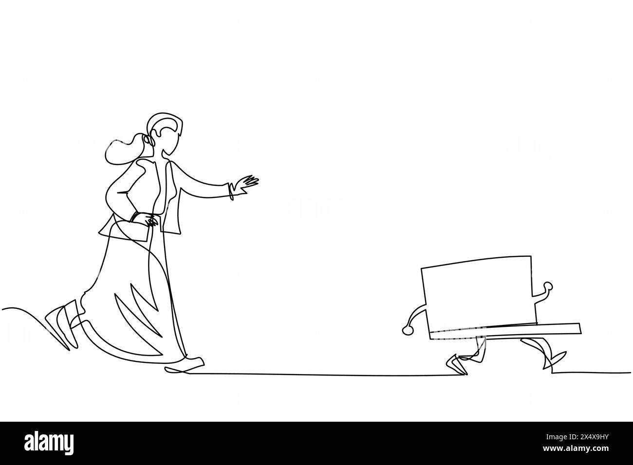 Continuous one line drawing furious businesswoman chasing laptop ...