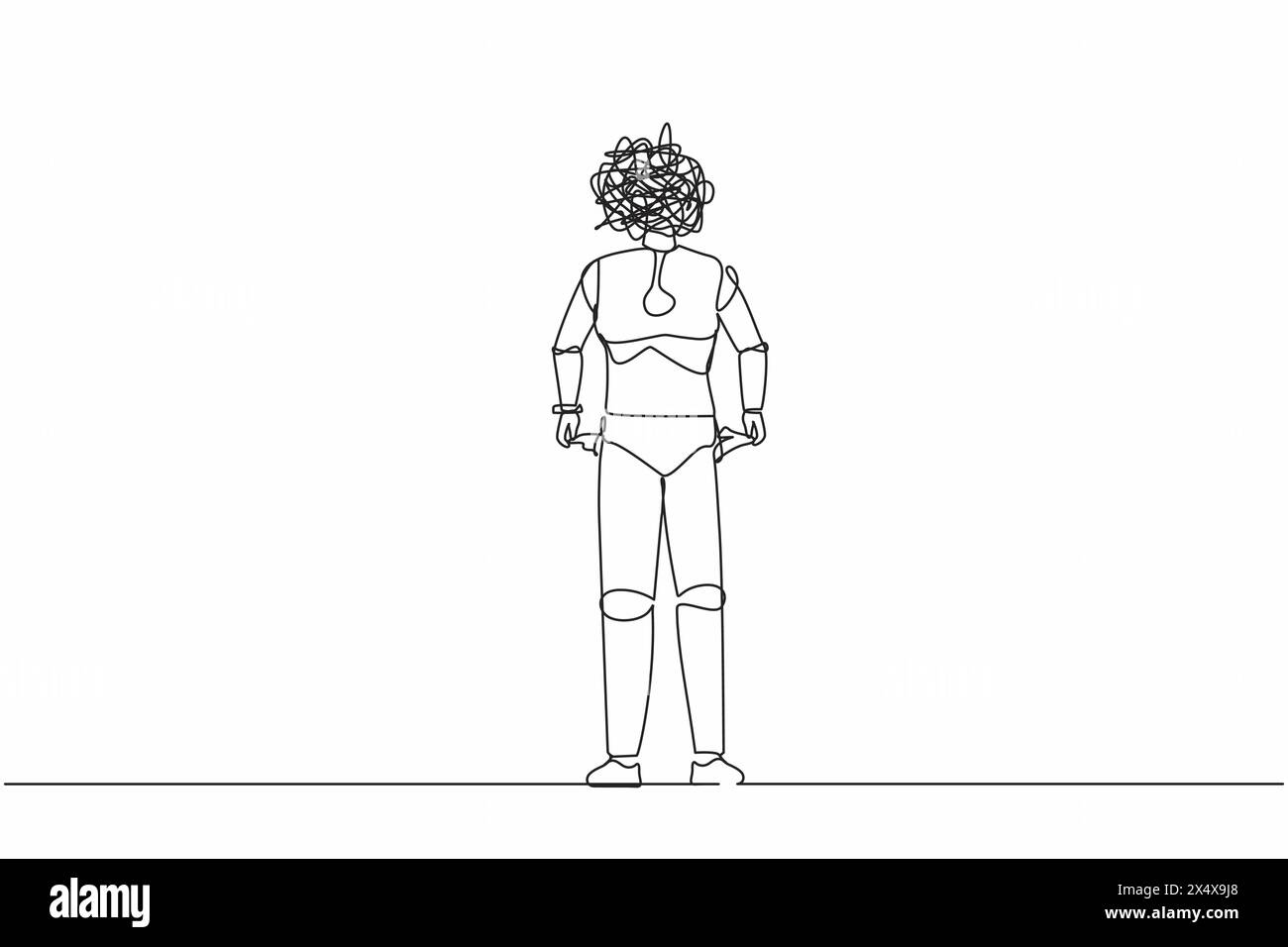 Continuous one line drawing robot with round scribbles instead of head. Robot with pocket turned ...