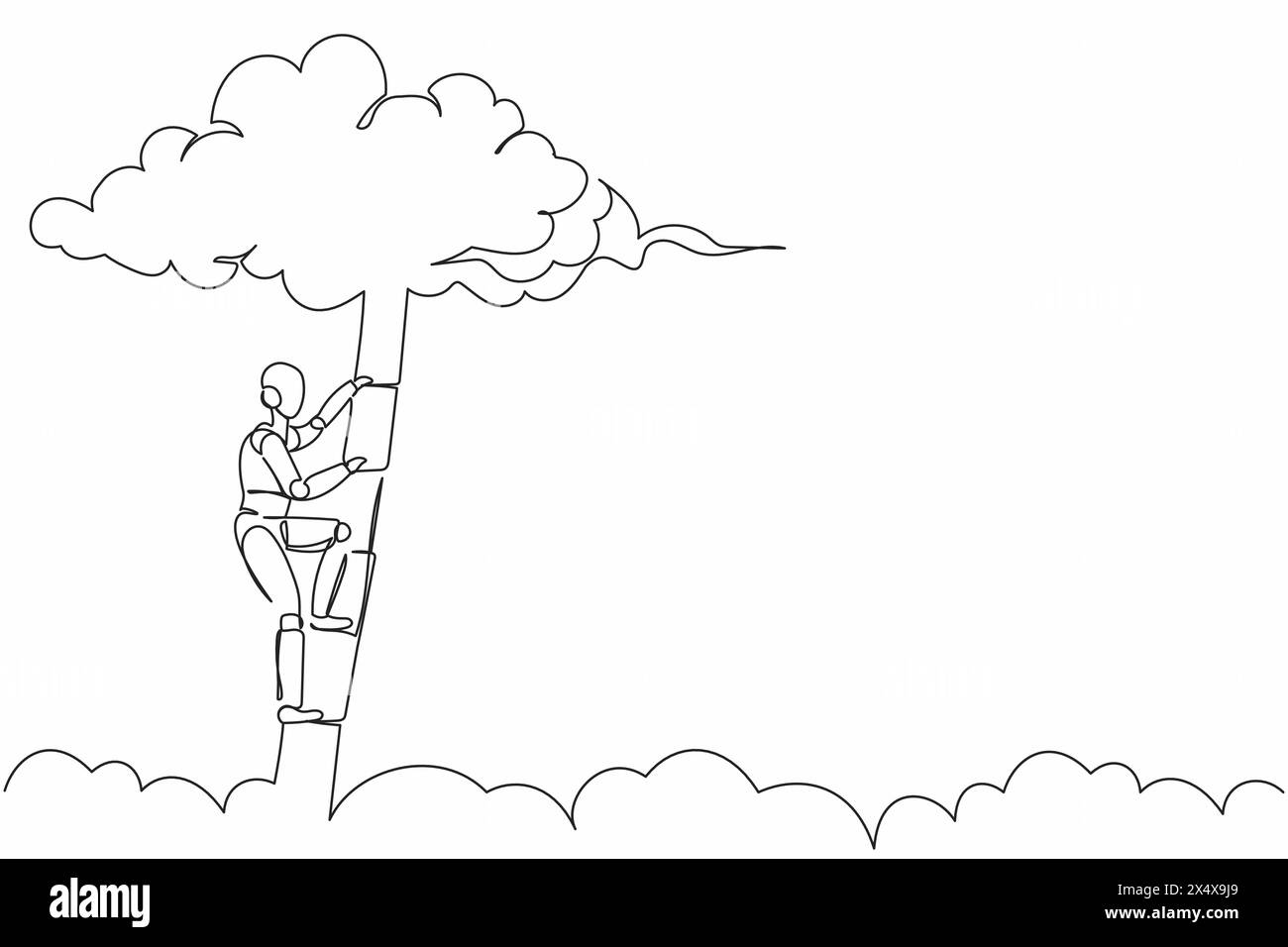 Single continuous line drawing robot climbing up ladder to cloud ...