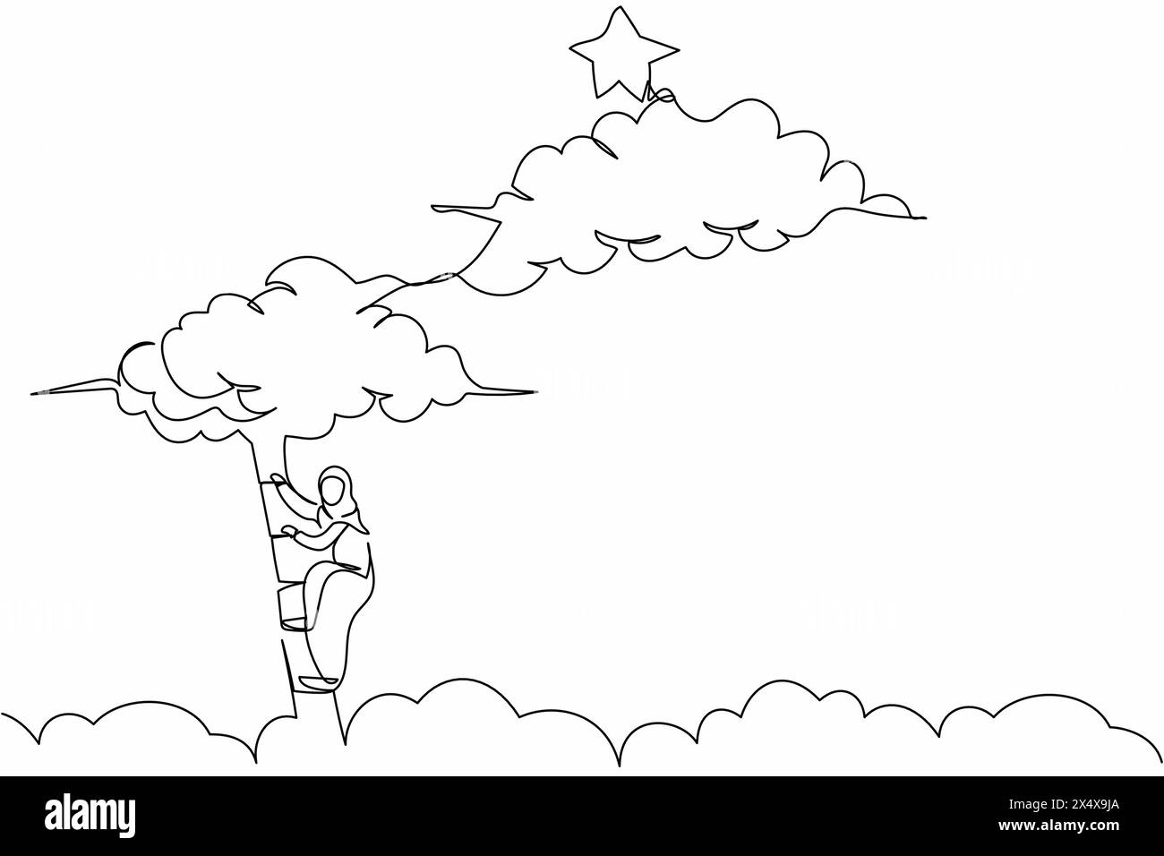 Continuous one line drawing Arab businesswoman climbing ladder to reach ...