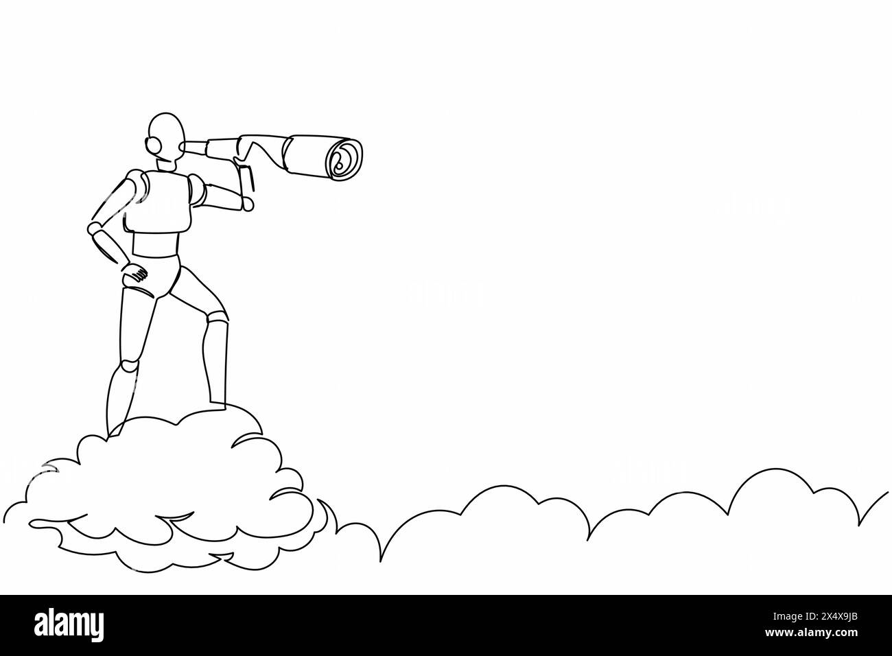 Single one line drawing robot on cloud holding binocular to search for ...