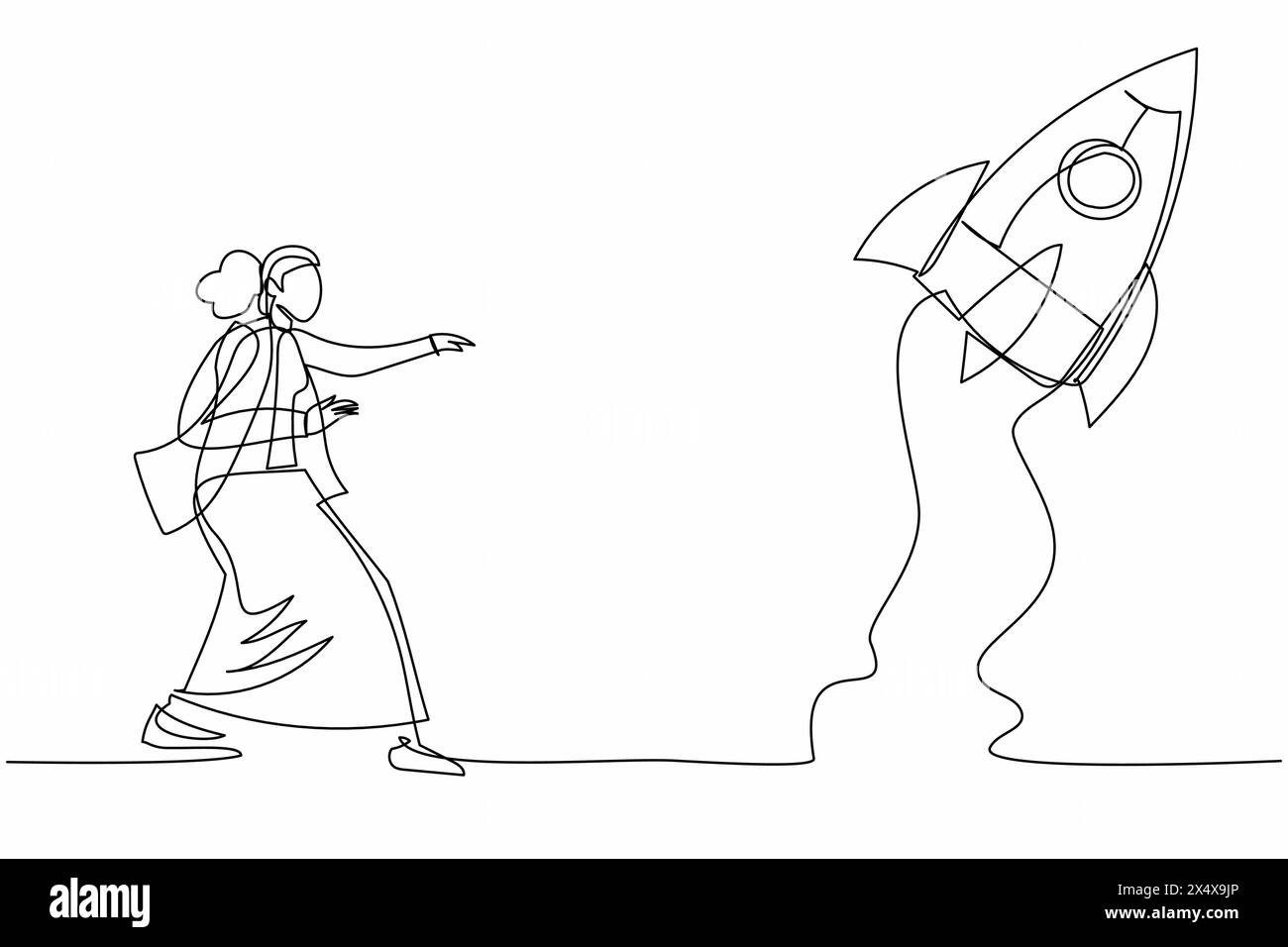 Single one line drawing businesswoman run chasing try to catch flying ...