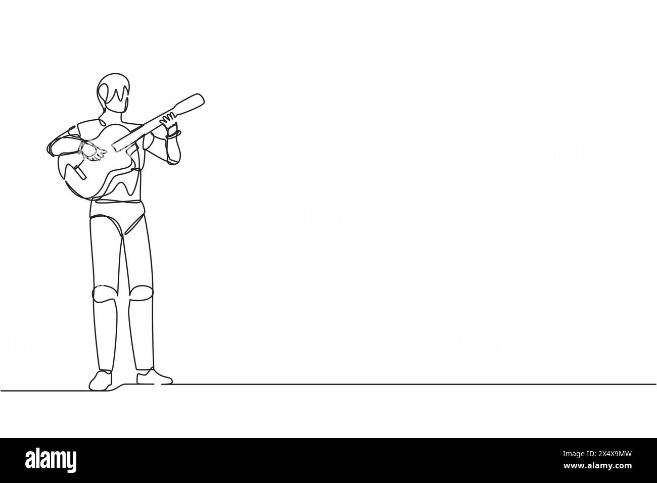 Single continuous line drawing robot playing acoustic guitar at musical ...