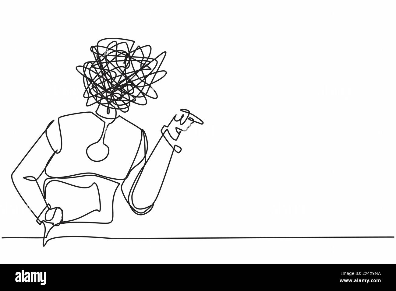 Continuous one line drawing robot with round scribbles instead of head. Angry robot arguing ...