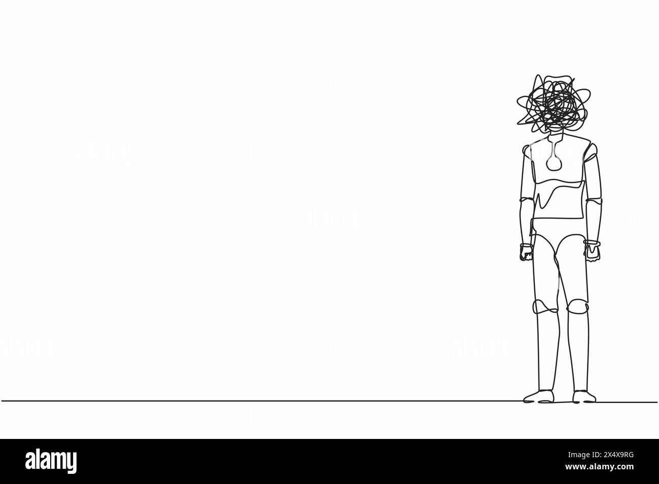 Continuous one line drawing robot with round scribbles instead of head, standing with nervous ...