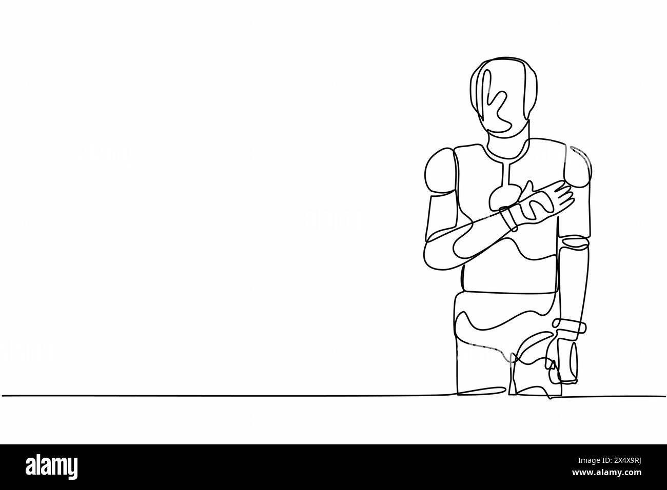 Single one line drawing robot standing with keeping hands on chest ... Single one line drawing robot standing with keeping hands on chest ...