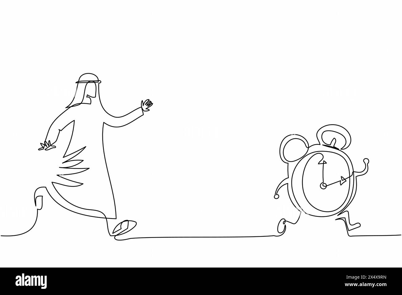 Continuous one line drawing Arabian businessman chasing alarm clock ...
