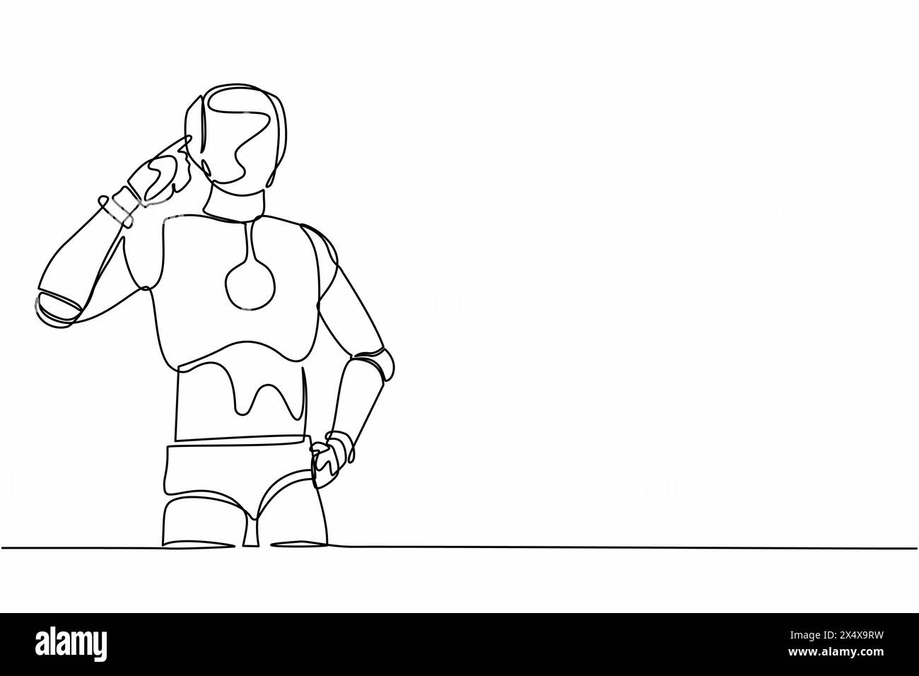 Single one line drawing robot standing with pointing his head, thinking ...