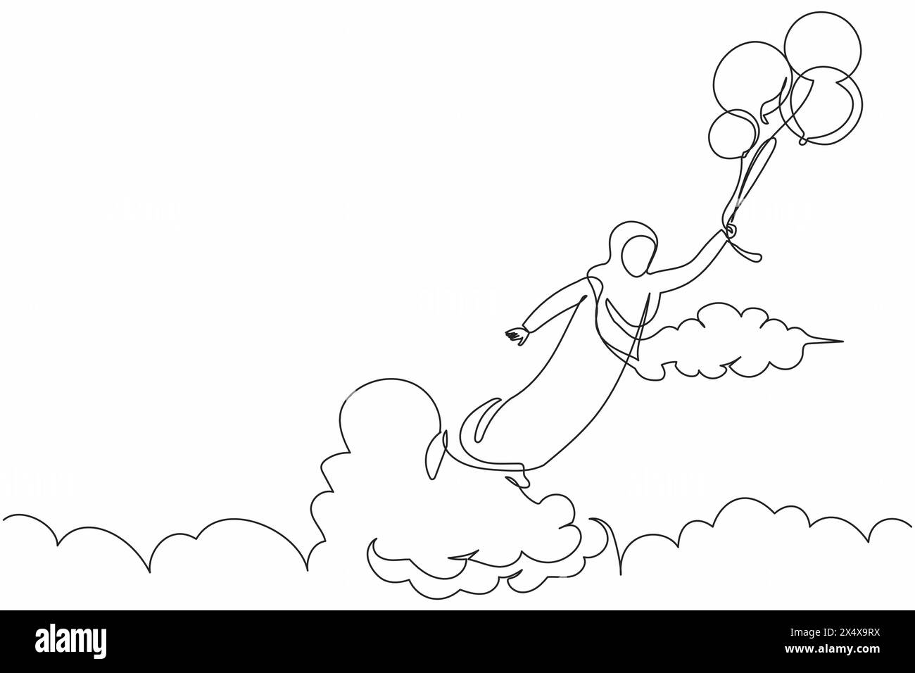 Continuous one line drawing cheerful Arabian businesswoman flying with ...