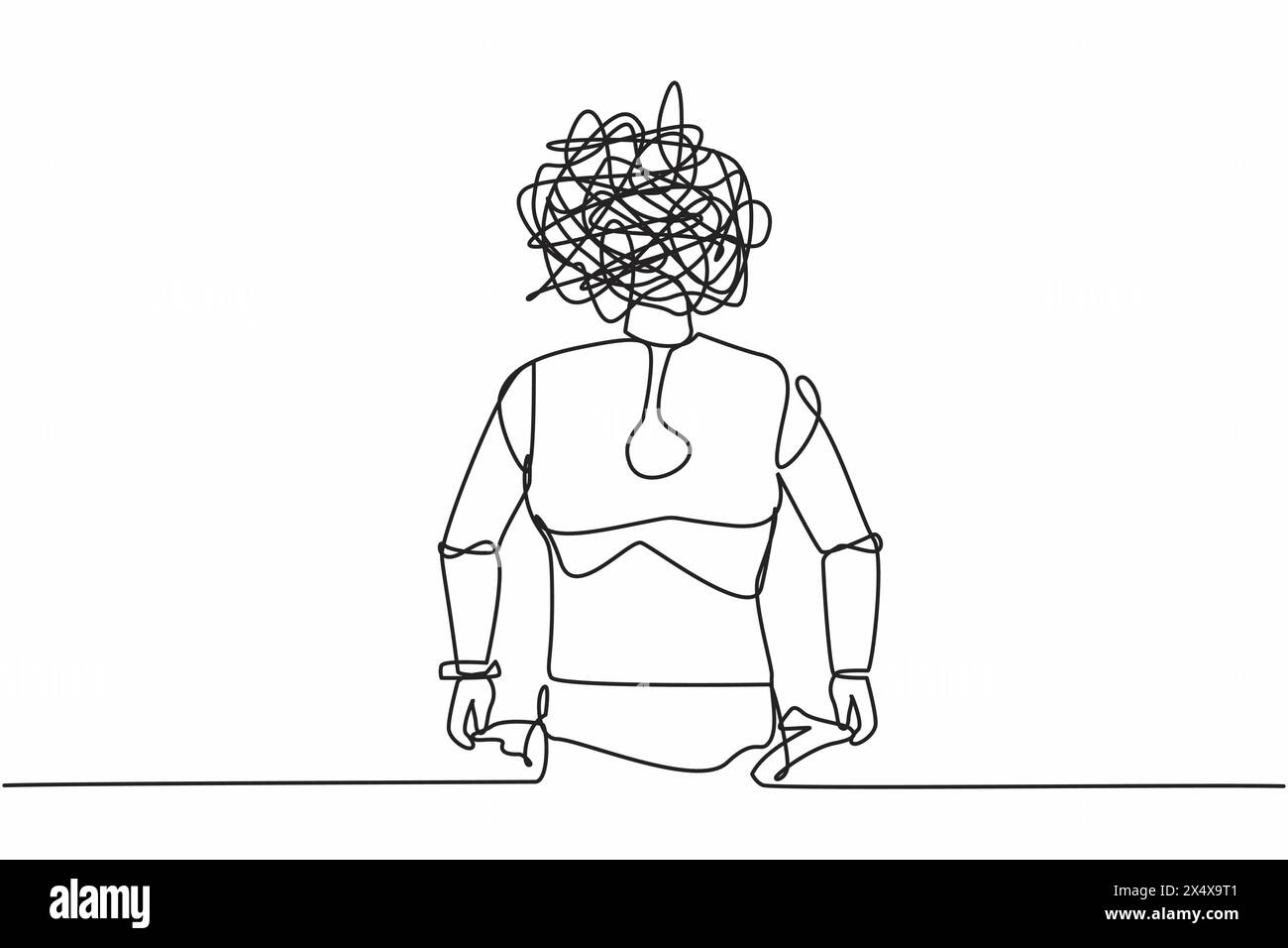 Single one line drawing robot with round scribbles instead of head. Robot with pockets turned ...