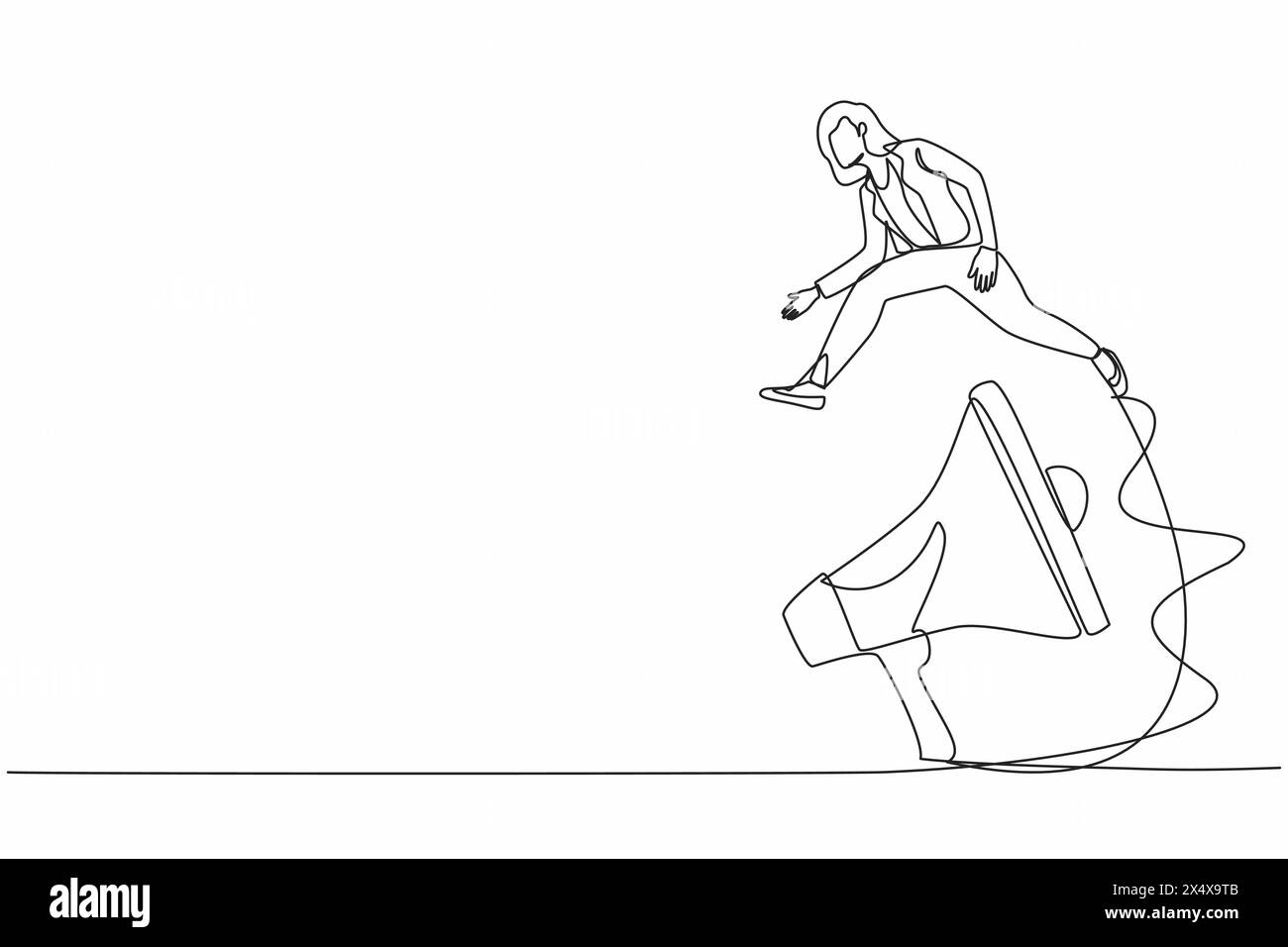 Continuous one line drawing businesswoman jumping over big megaphone ...