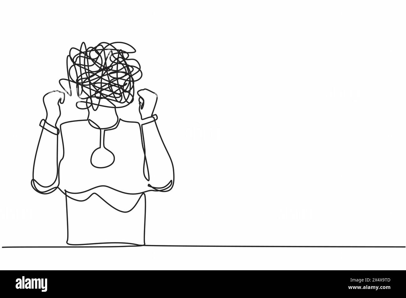 Continuous one line drawing robot with round scribbles instead of head. Angry robot raised fist ...