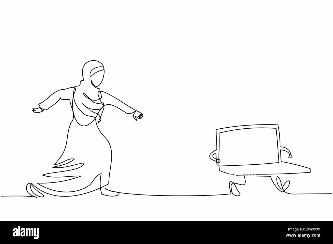 Single continuous line drawing Arab businesswoman try to chase laptop ...