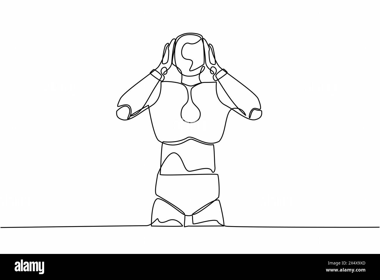 Single one line drawing robot standing with covering ears with hands ...