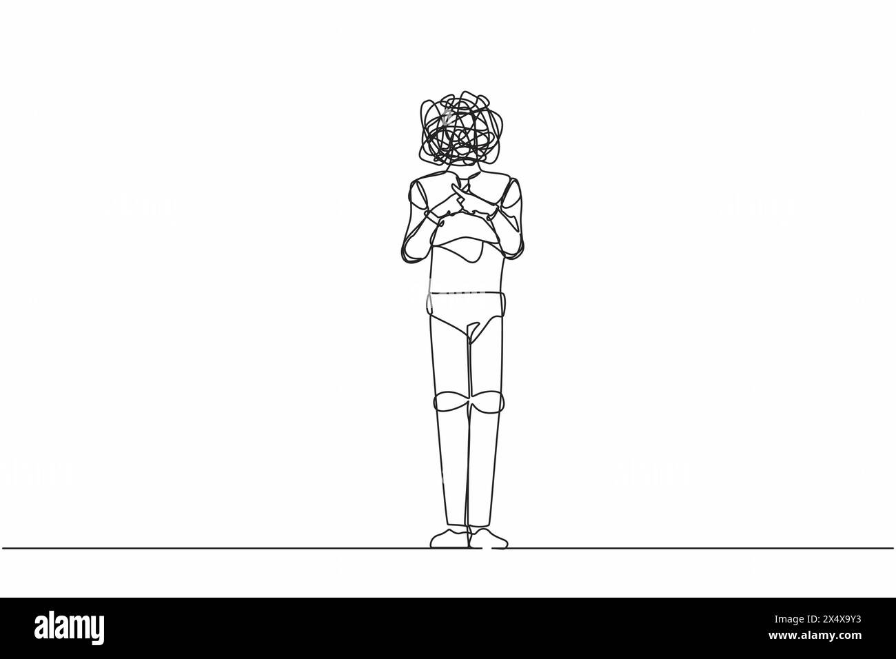 Single one line drawing robot with round scribbles instead of head ...