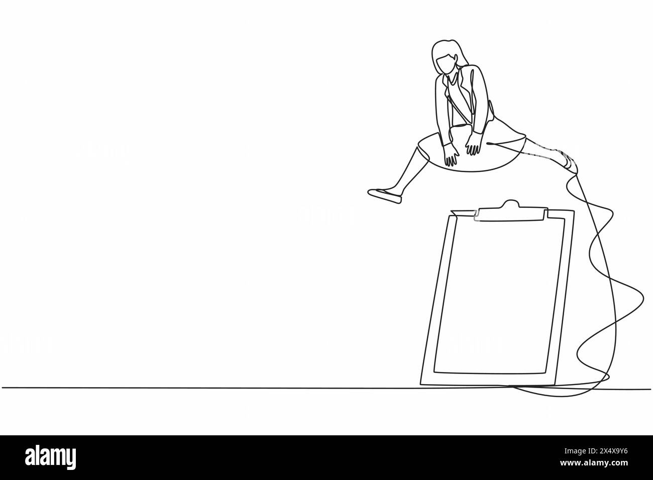 Continuous one line drawing businesswoman jumping over big clipboard ...