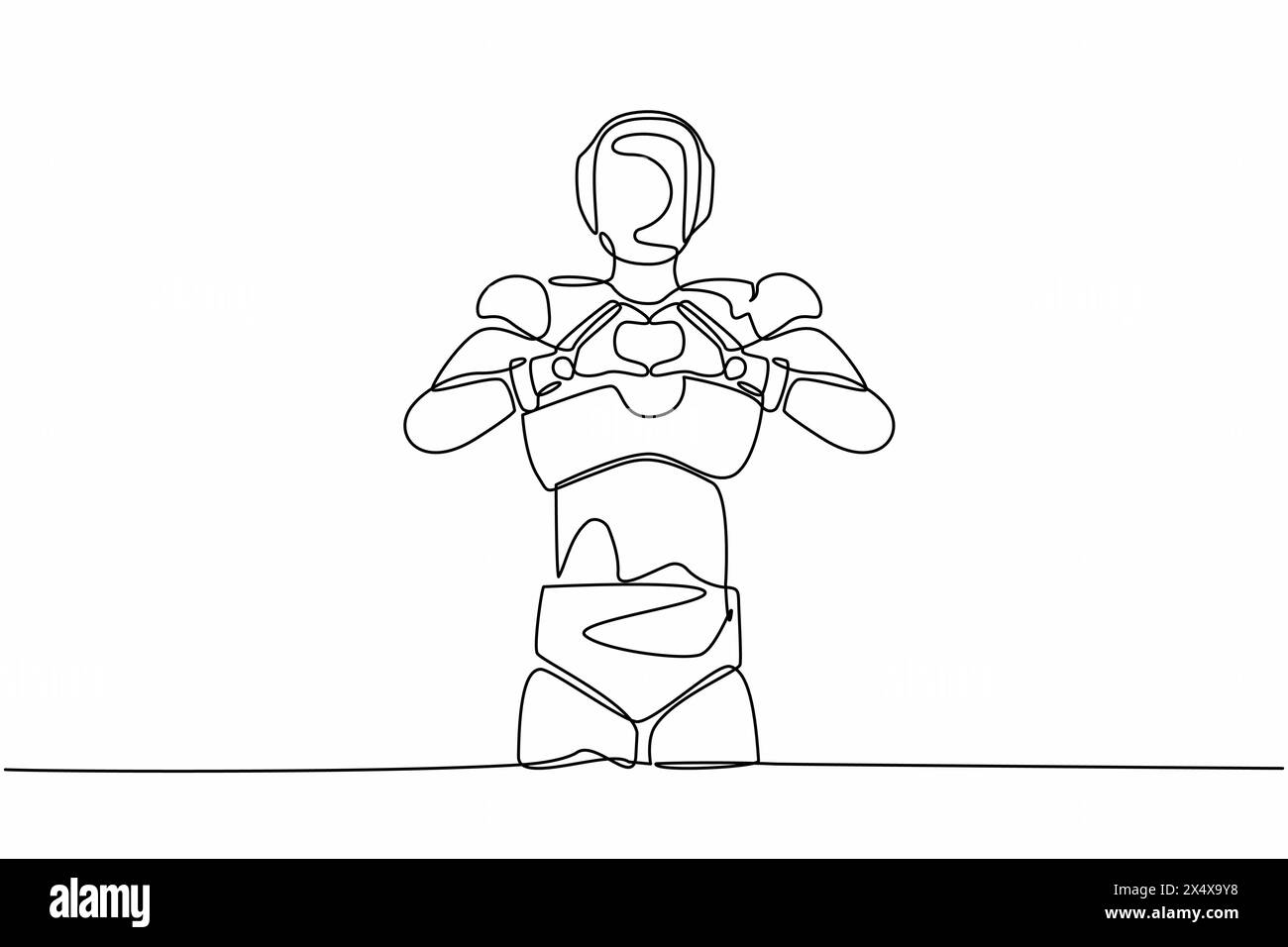 Continuous one line drawing robot standing with making love sign, heart symbol in front of chest ...