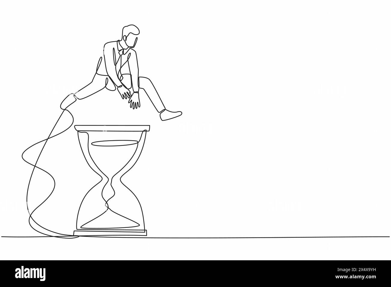 Continuous one line drawing businessman jump over or passing hourglass ...