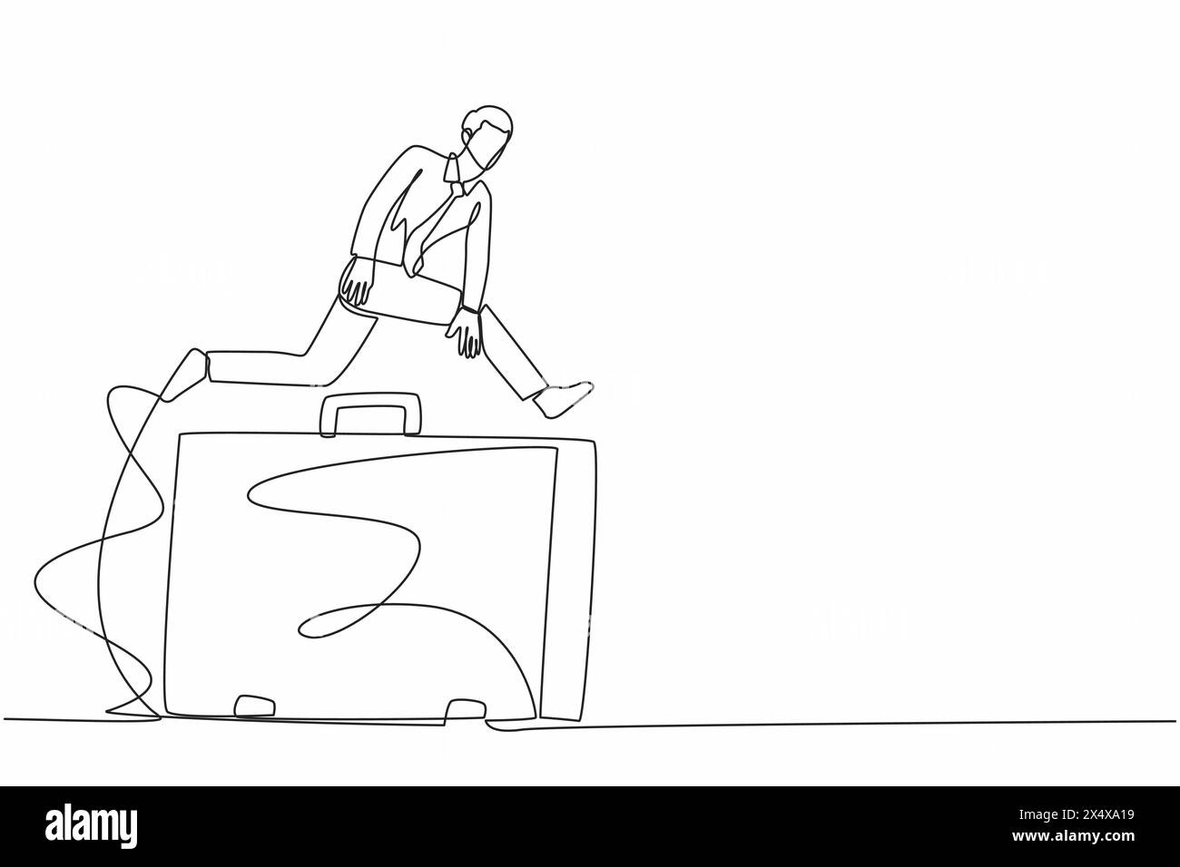 Continuous one line drawing businessman jumping over big briefcase ...