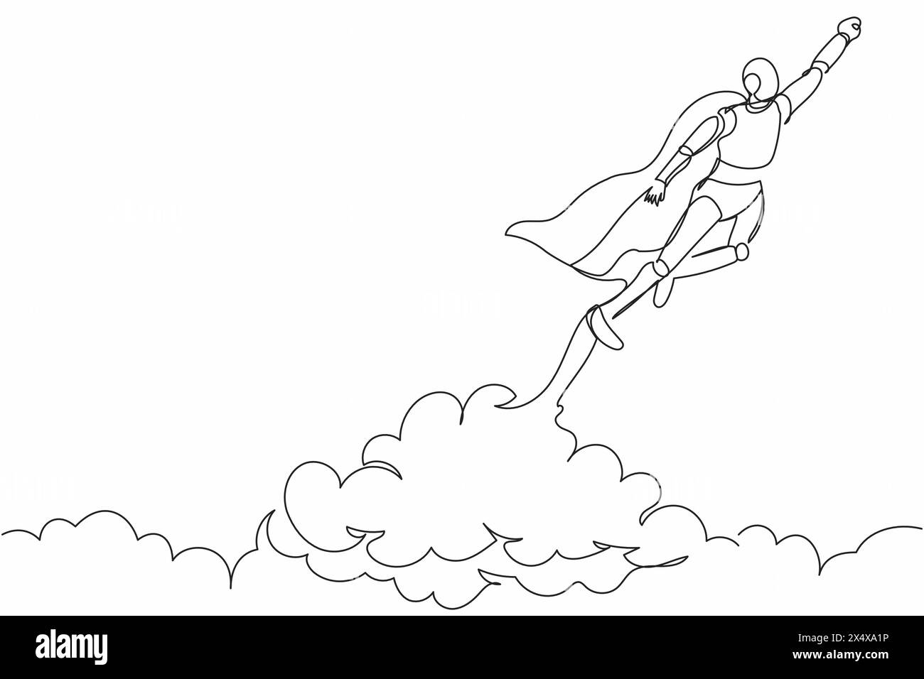 Continuous one line drawing super robot in cloak flying up to cloud sky ...