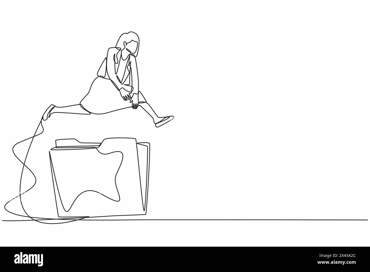 Single continuous line drawing businesswoman jumping over big folder ...