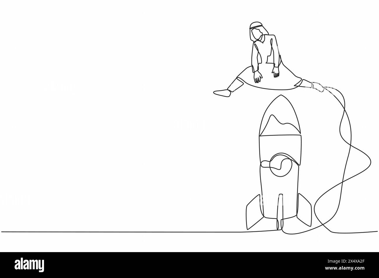 Single one line drawing Arabian businessman jumping over big rocket ...
