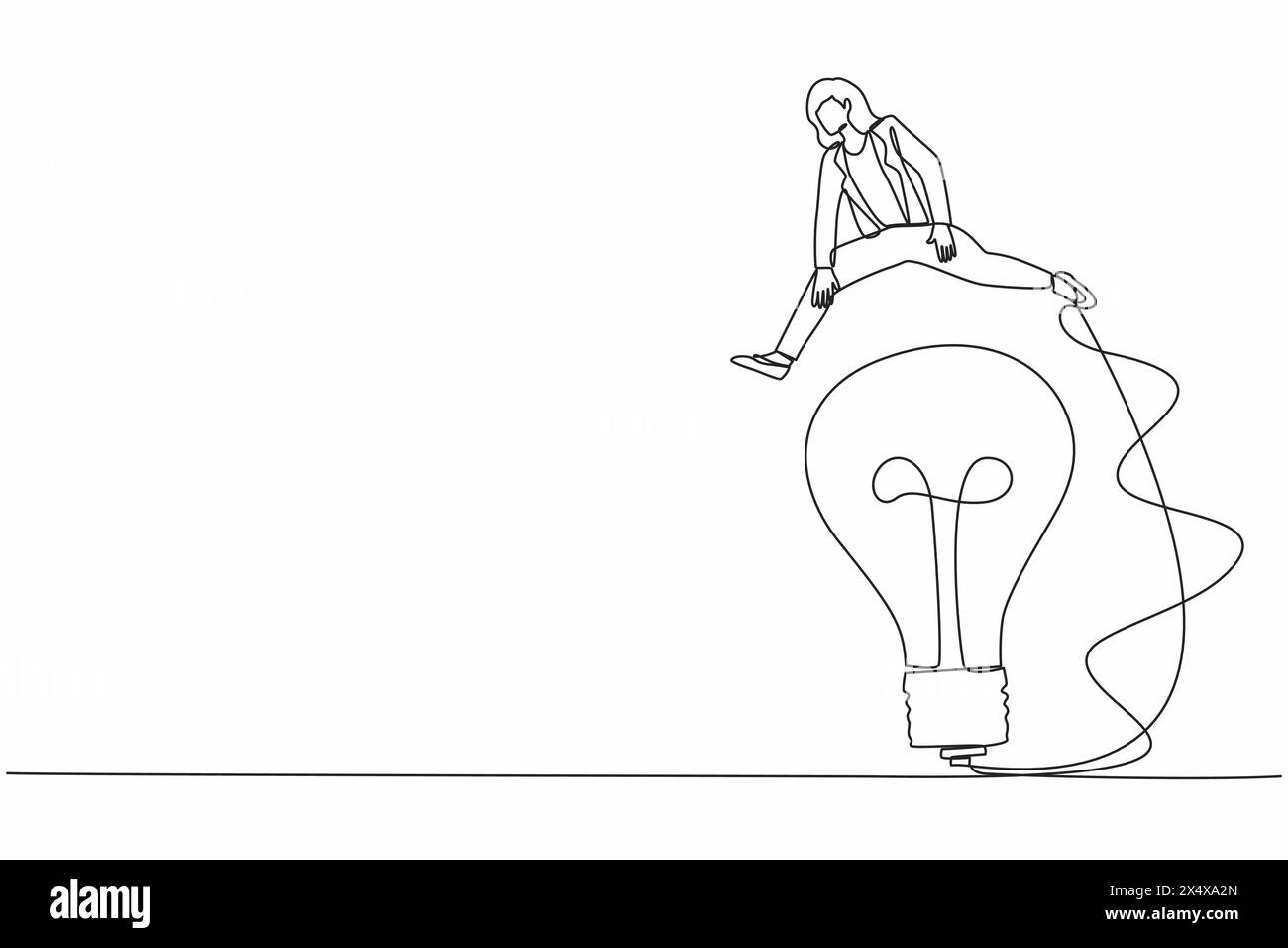 Continuous one line drawing businesswoman jumping over big light bulb ...