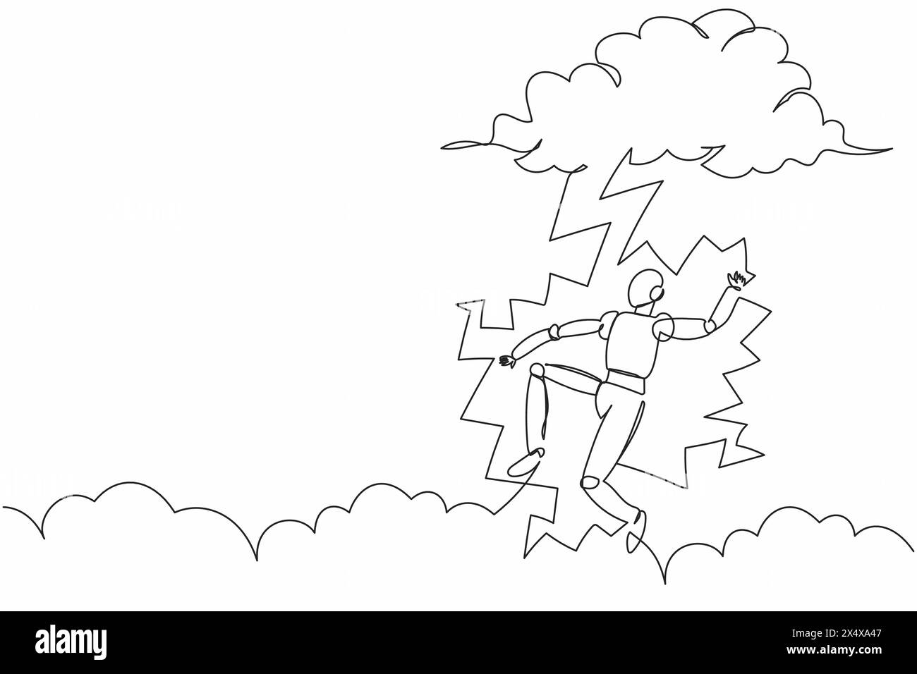 Single continuous line drawing robot struck by lightning from dark ...