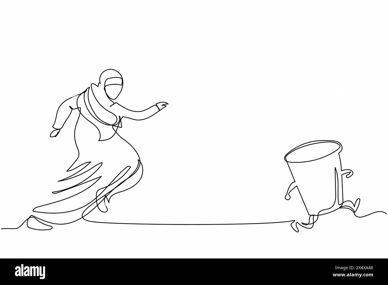 Single continuous line drawing Arab businesswoman run chasing paper cup ...