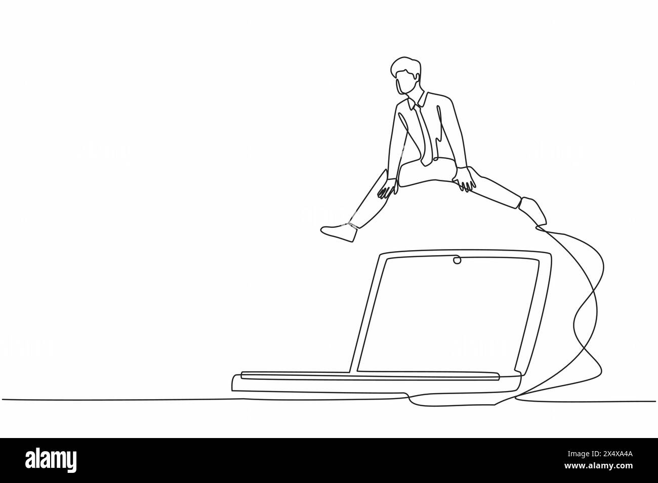 Single continuous line drawing businessman jumping over big laptop ...