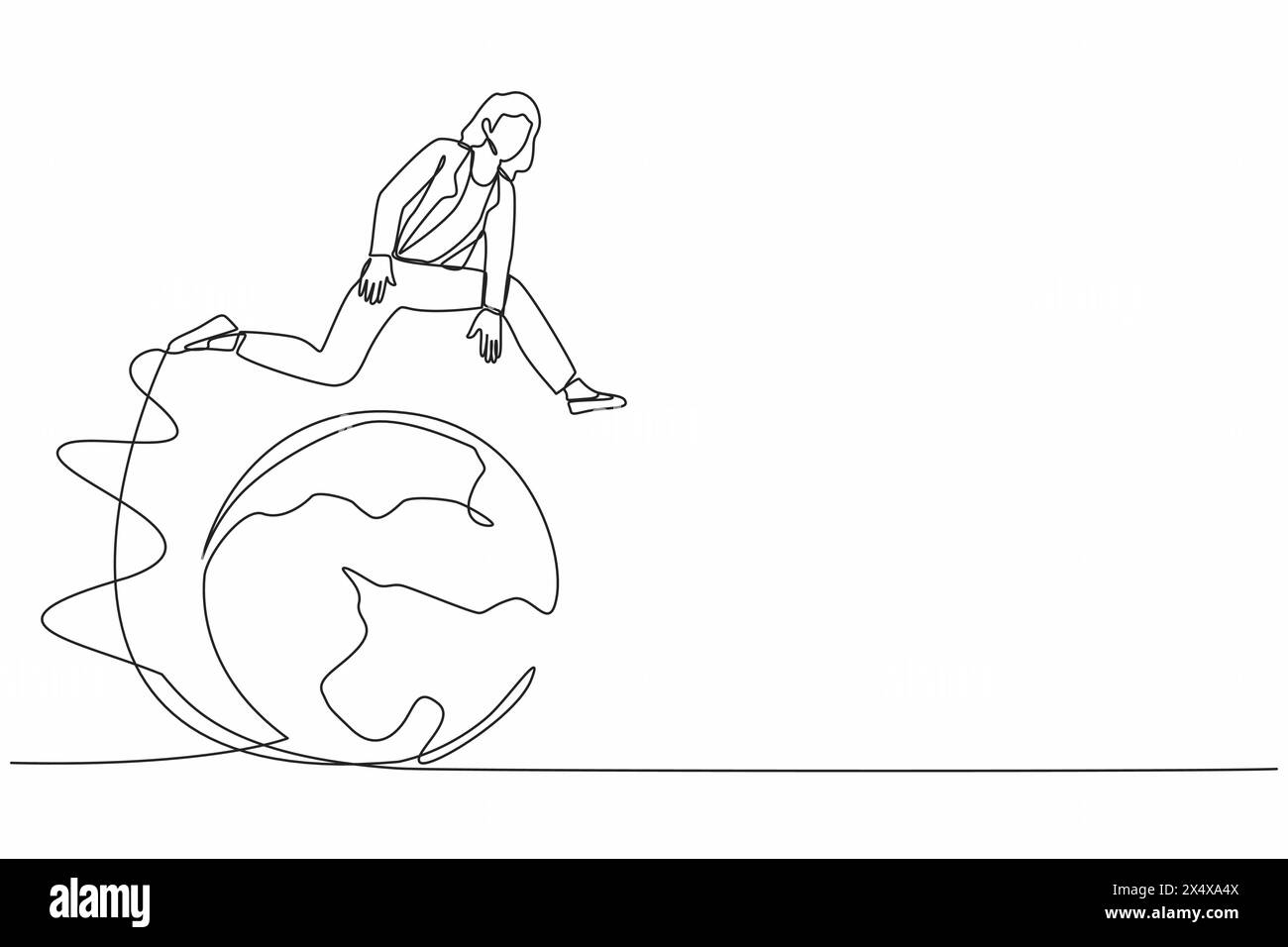 Single continuous line drawing businesswoman jumping over globe ...