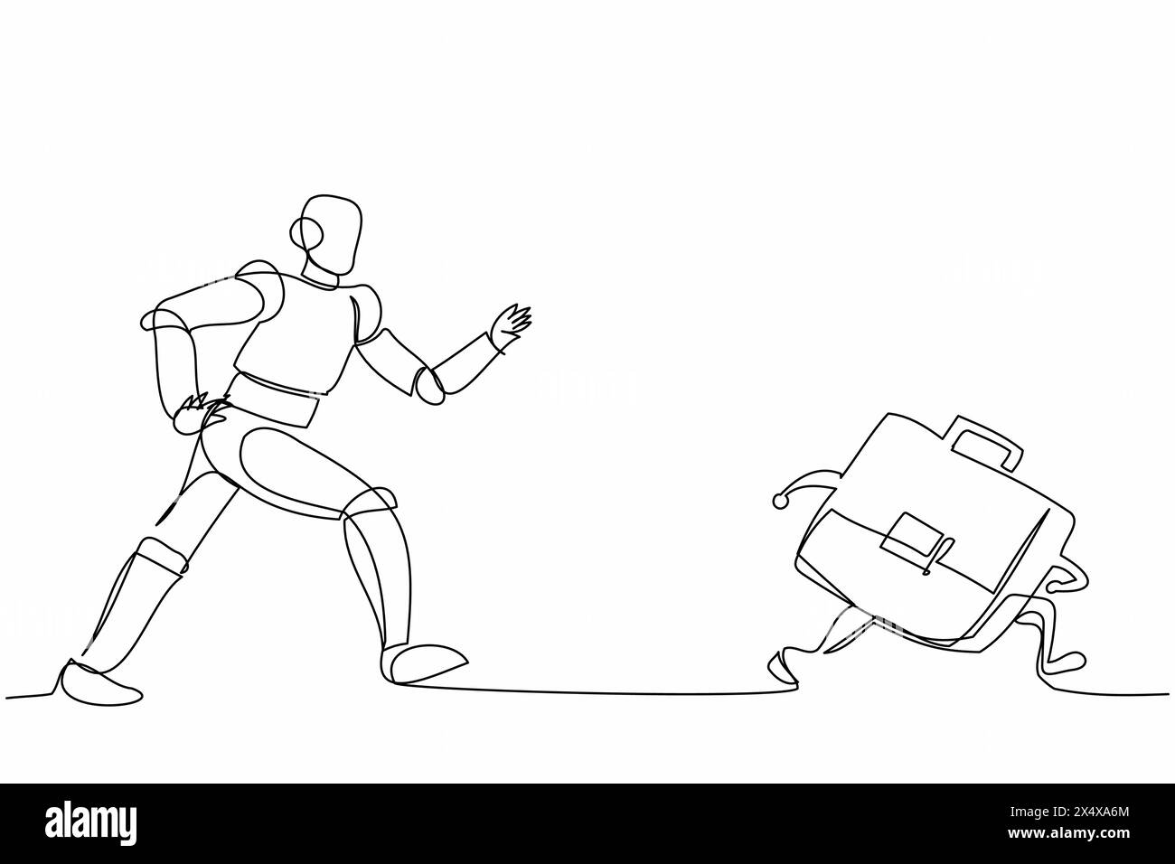 Single one line drawing robot running chasing briefcase. Leather ...