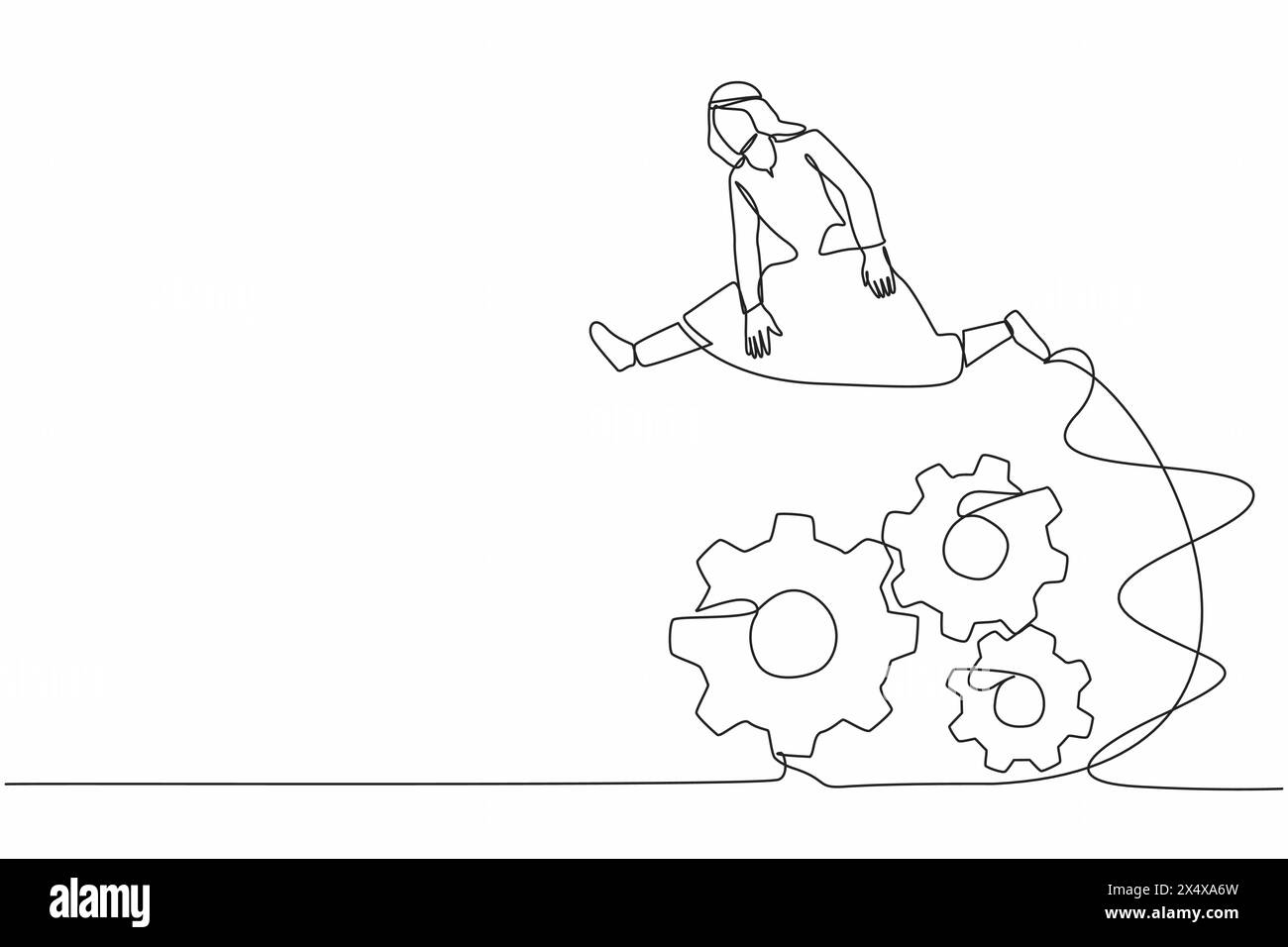 Continuous one line drawing Arabian businessman jumping over big gears ...