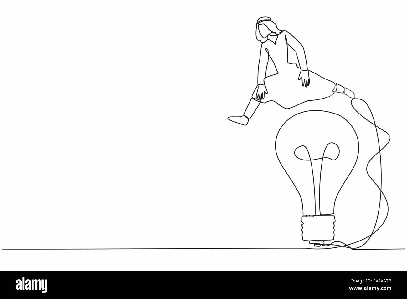 Single Continuous Line Drawing Arab Businessman Jumping Over Big Light Bulb Initiative Of