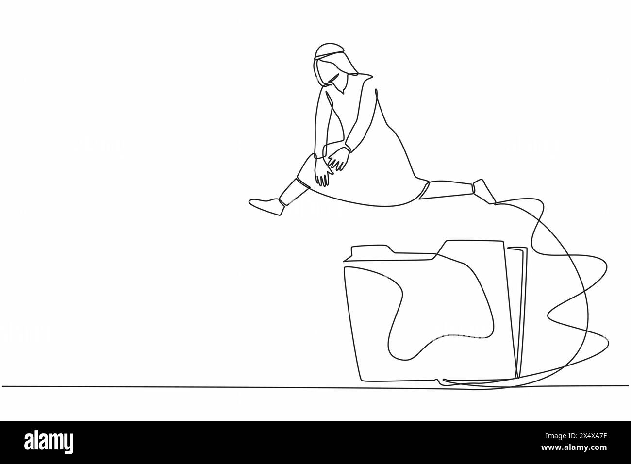 Single one line drawing Arab businessman jumping over big folder icon ...